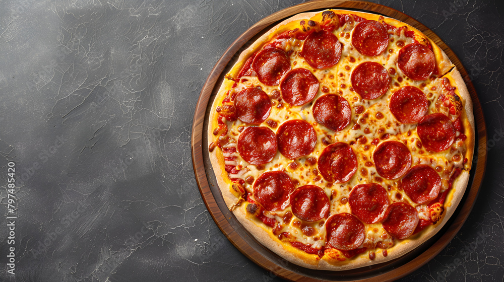 Whole pepperoni pizza on a tray, pepperoni pizza isolate on black ...