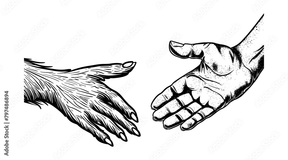 hand handshake devil engraving black and white outline Stock Vector ...