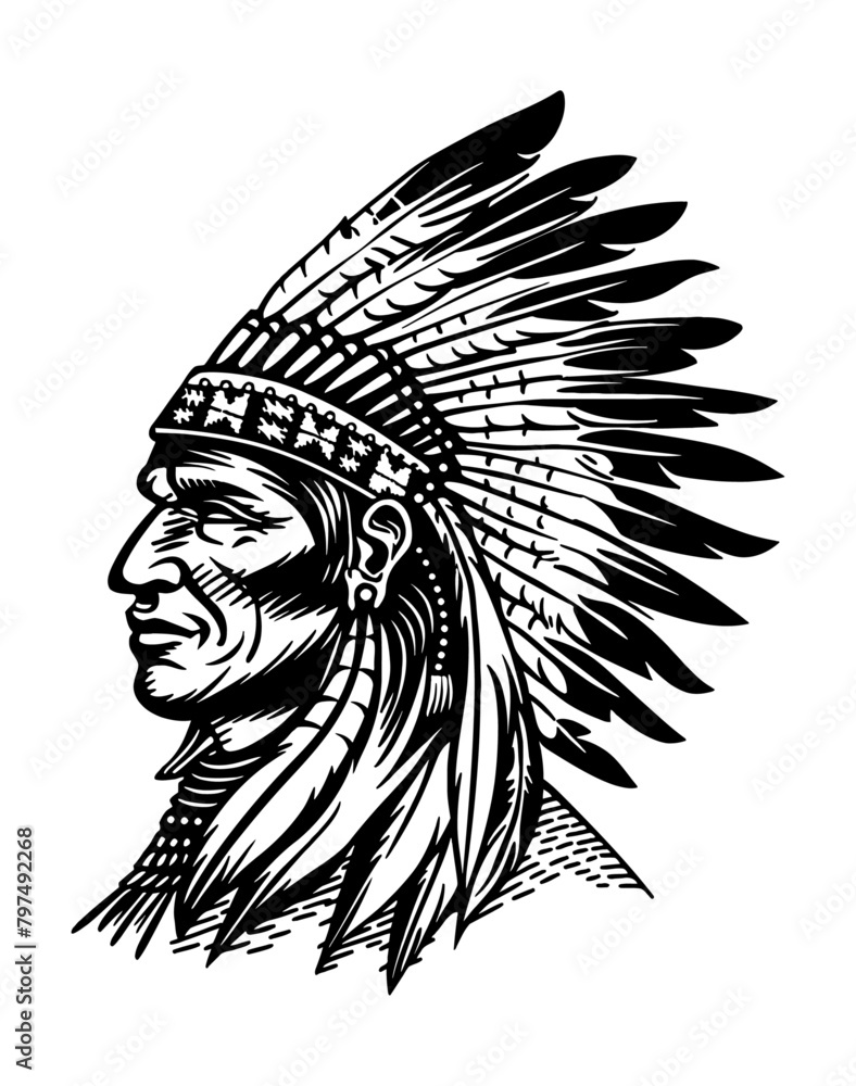 portrait indian chief engraving black and white outline Stock Vector ...