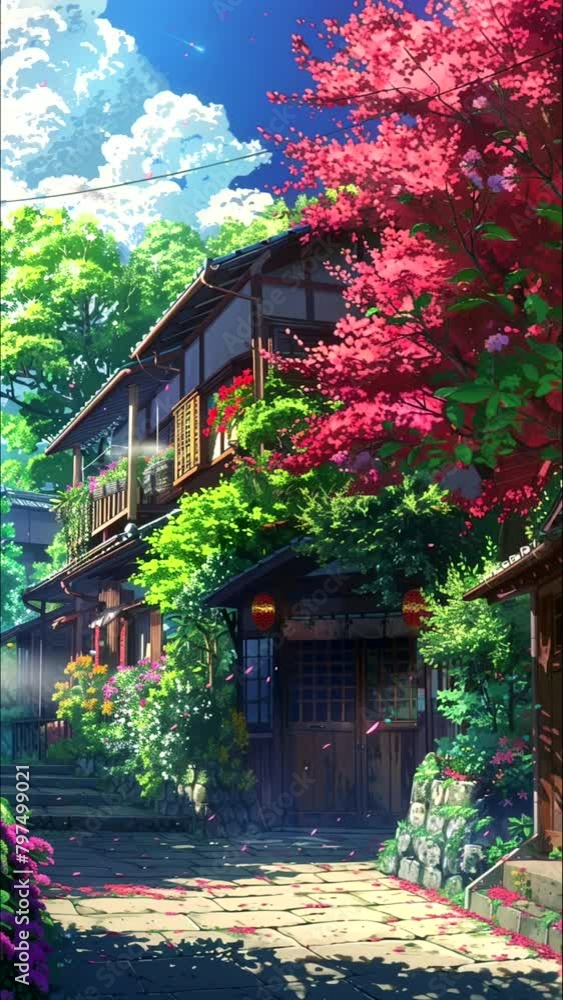 anime street view in front of a house during different seasons. anime ...