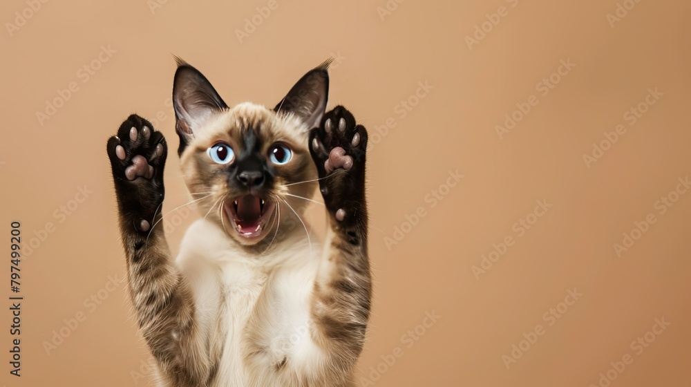 funny seal point siamese cat playing raising paws making funny face ...