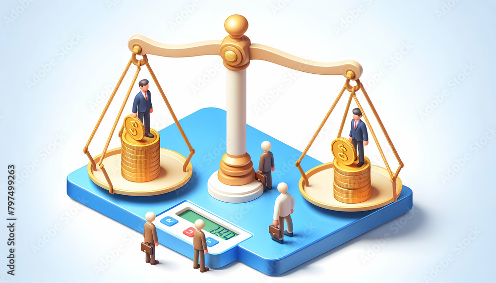 Cartoon Characters Balancing Coins on Scale in Isometric Miniature ...