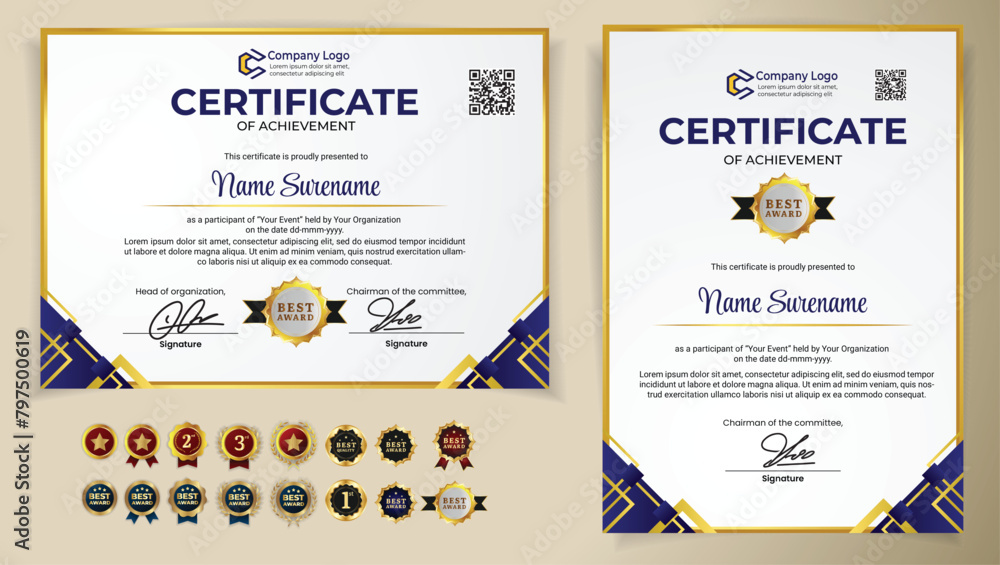 Blue Certificate template modern Luxury using Gold ribbon with Badge ...