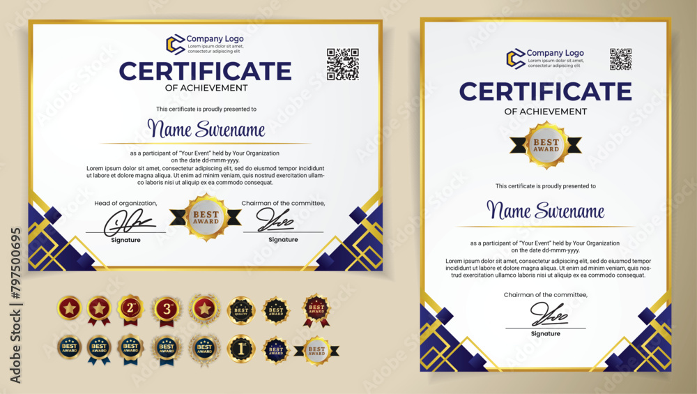 Blue Certificate template modern Luxury using Gold ribbon with Badge ...