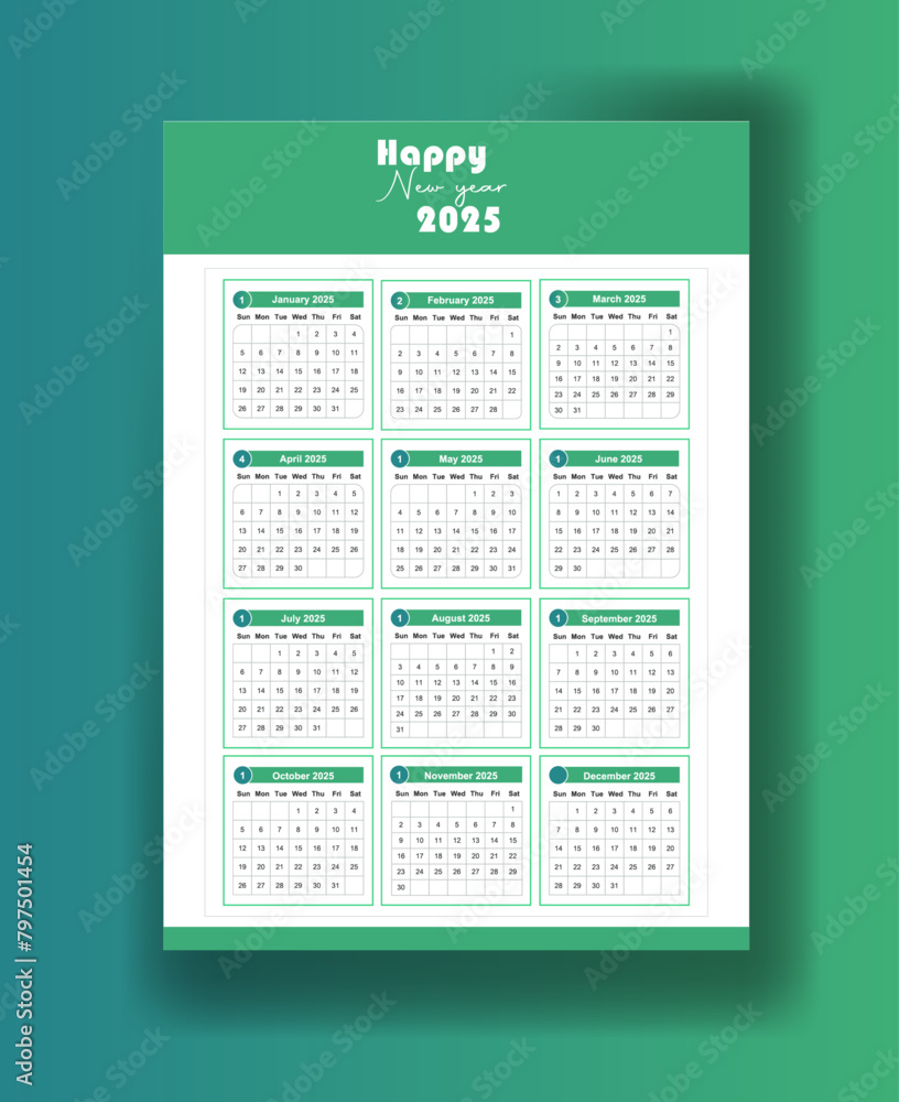 Simple calendar Layout for 2025 years on white background, Week starts ...