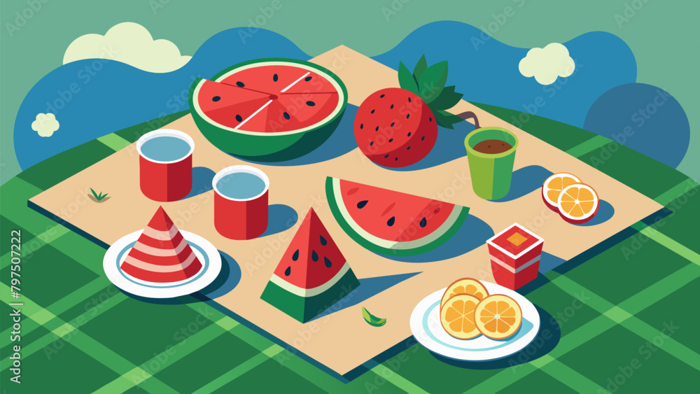 A picnic blanket spread out with platters of fresh fruit and slices of ...