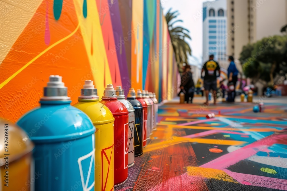 Colorful Street Art Creation in Progress, Spray Paint Cans in ...