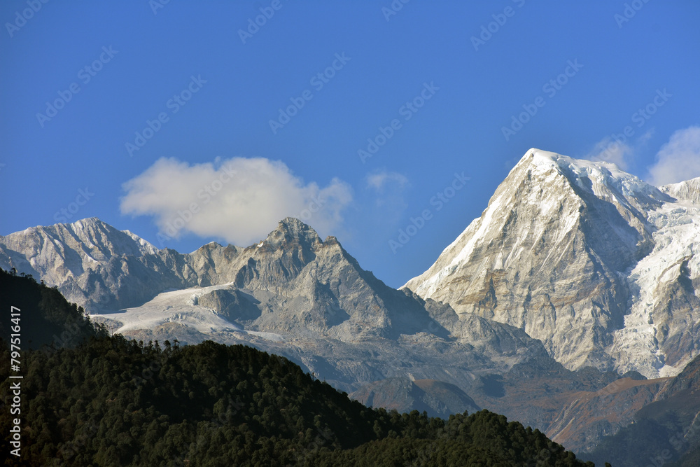 Rugged mountain peaks with visible lines of snow melting, partially ...