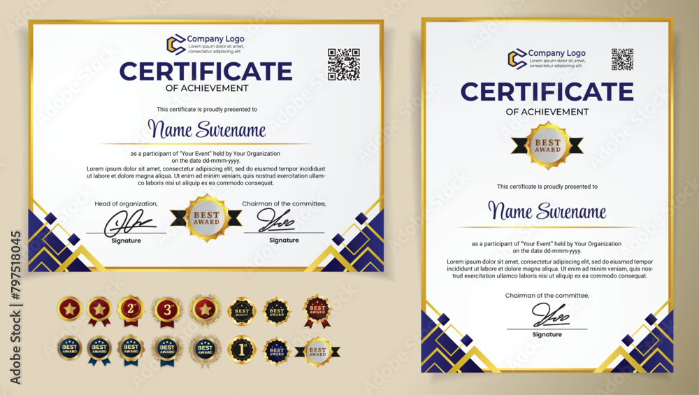 Blue Certificate template modern Luxury using Gold ribbon with Badge ...