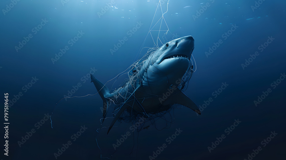 A shark entangled in a fishing line underwater. deep blue ocean ...