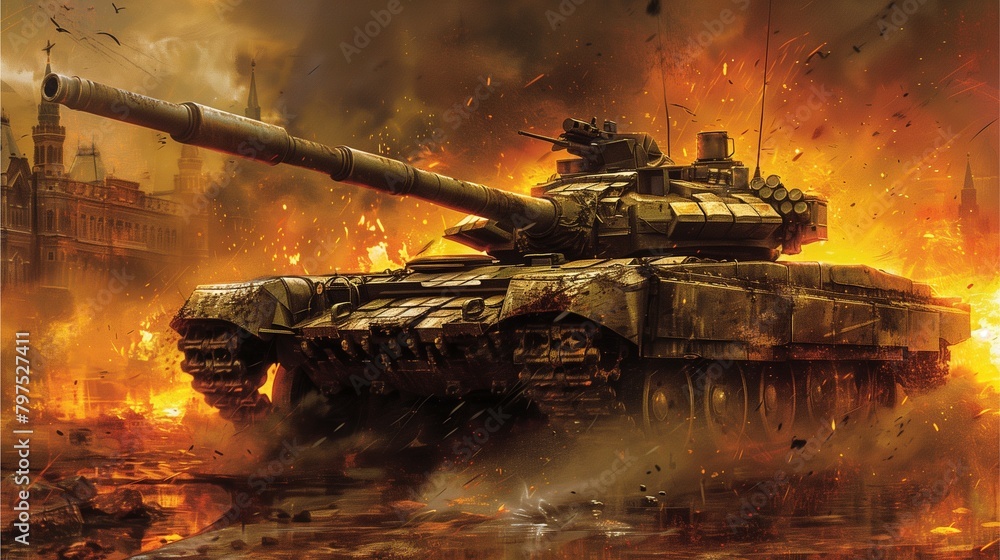 Tank surrounded by soldiers in combat, armored vehicle ablaze, lone ...