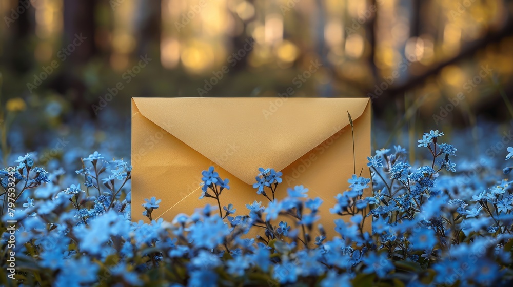 This yellow postal envelope with the DHL logo and blue spring flowers ...