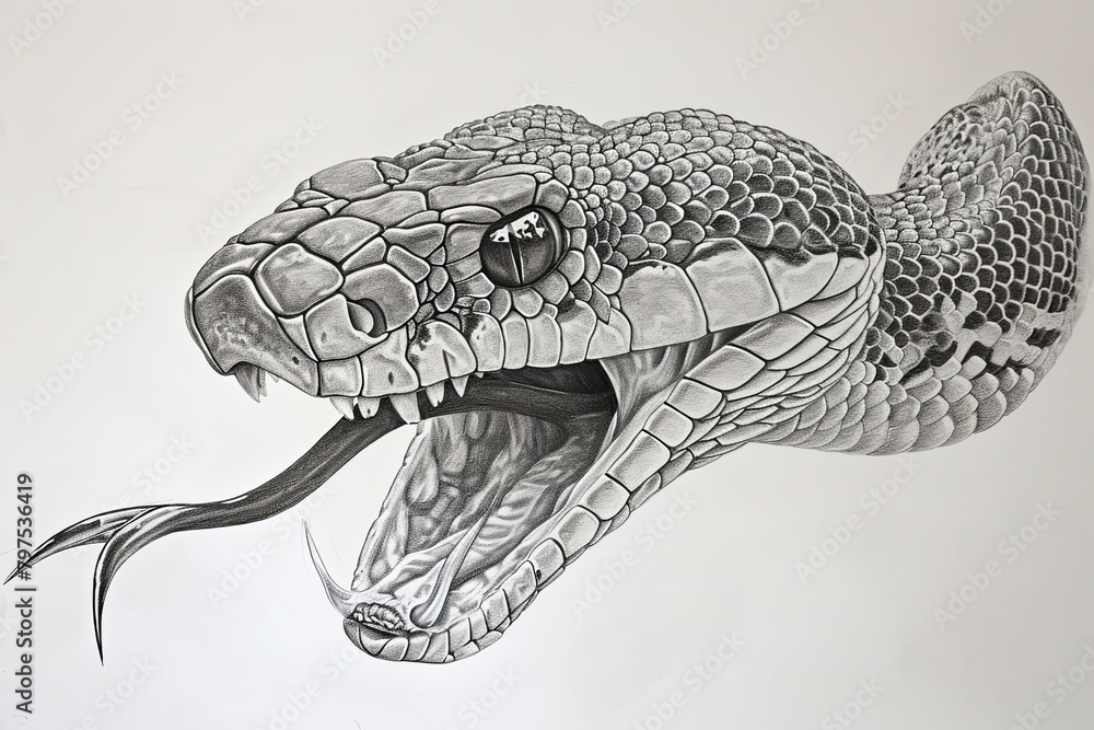 Intricately Detailed Graphite Pencil Sketch of a Snake's Head: Scales ...