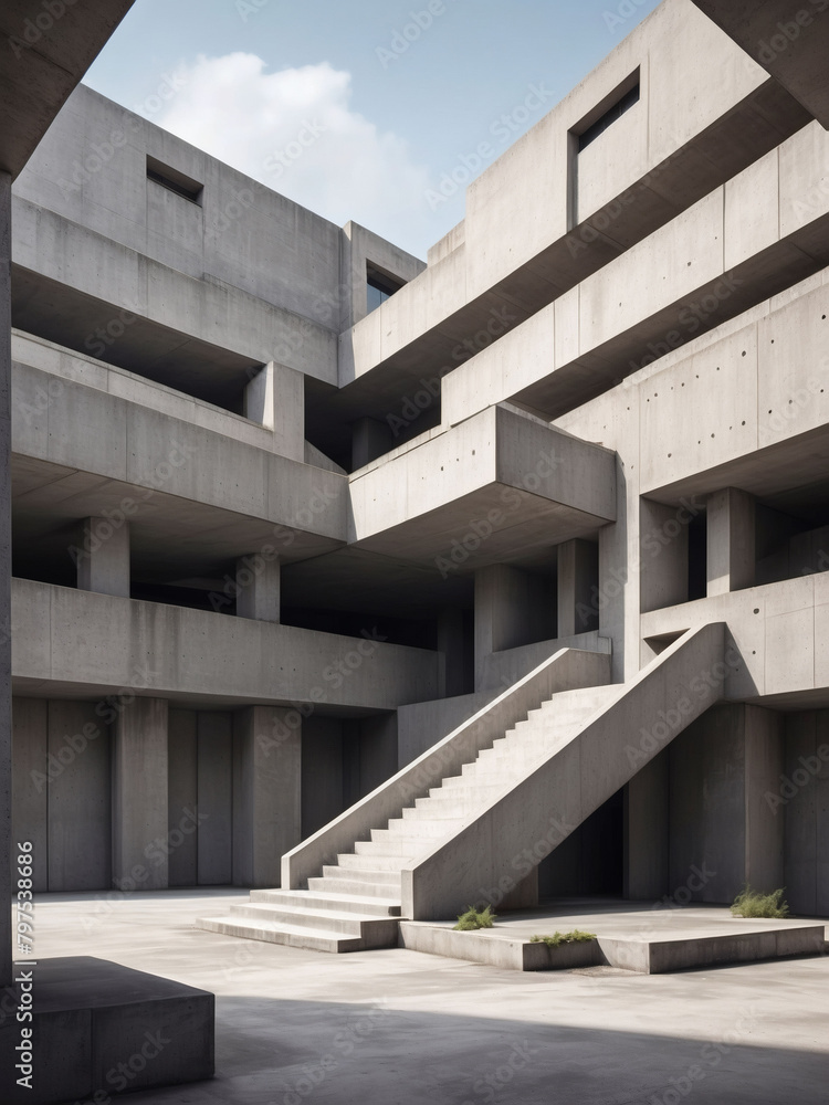 ภาพประกอบสต็อก Brutalist architecture background featuring raw concrete ...