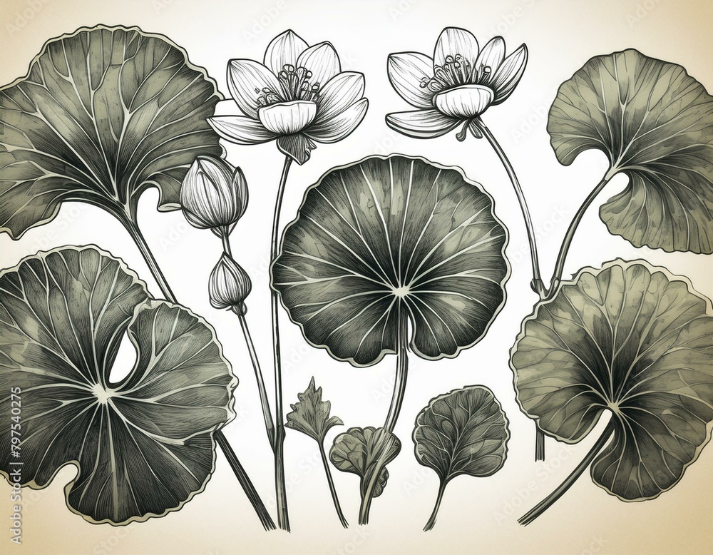 A set of hand-drawn illustrations featuring gotu kola Centella asiatica ...