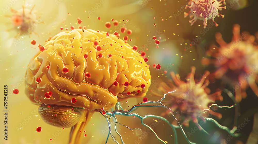 A yellow human brain is illustrated with blue steel thin nerves and red ...