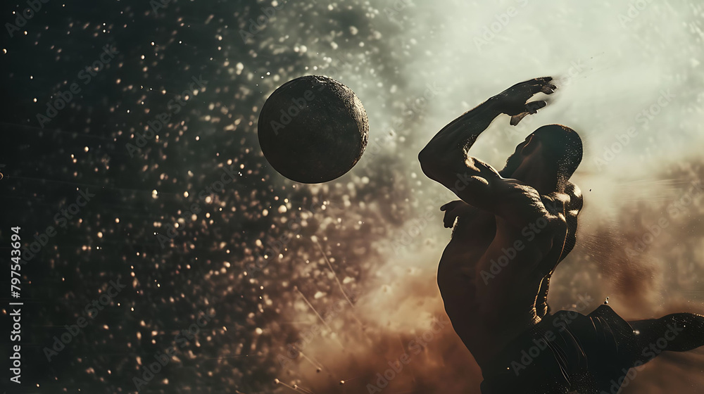 A shot putter launching the heavy ball into the air with explosive ...