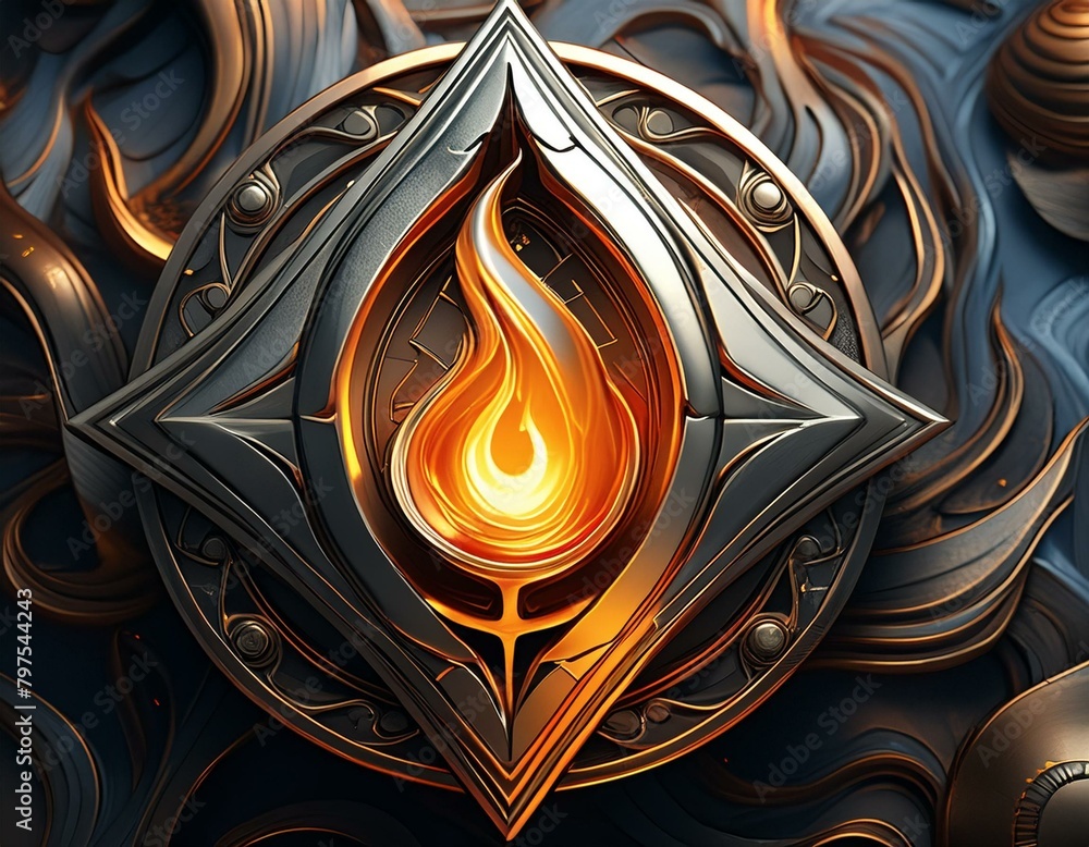 3D depiction of a chrome metal fire symbol with a liquid mercury flame ...