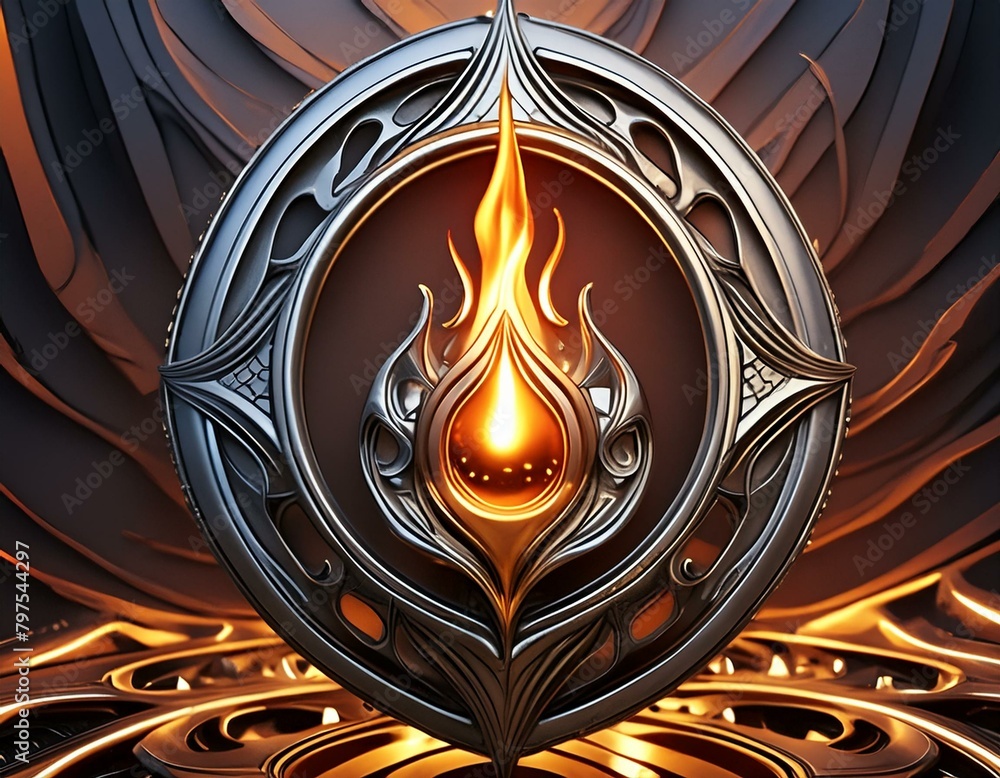 3D depiction of a chrome metal fire symbol with a liquid mercury flame ...