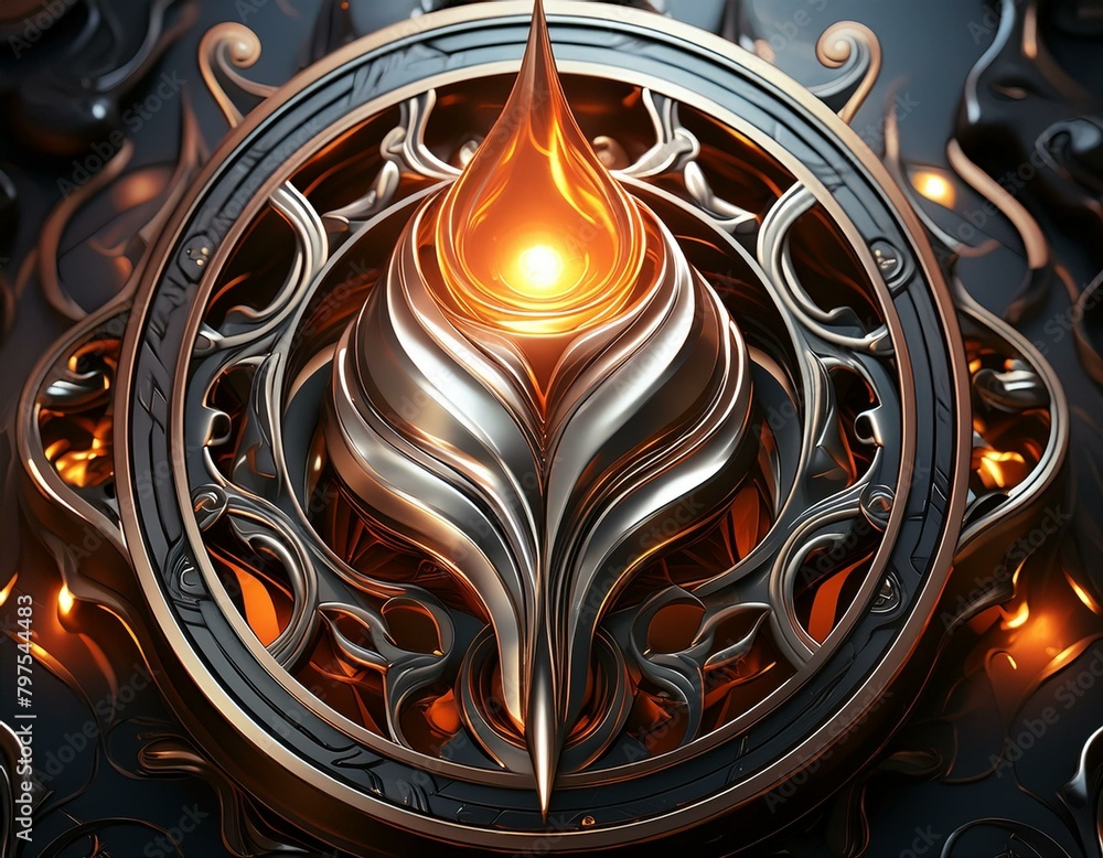 3D depiction of a chrome metal fire symbol with a liquid mercury flame ...