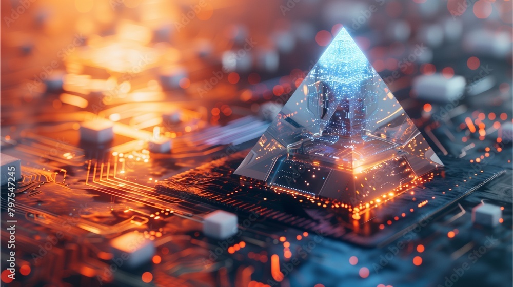 The triangular pyramid is on an electronic circuit board. The ...