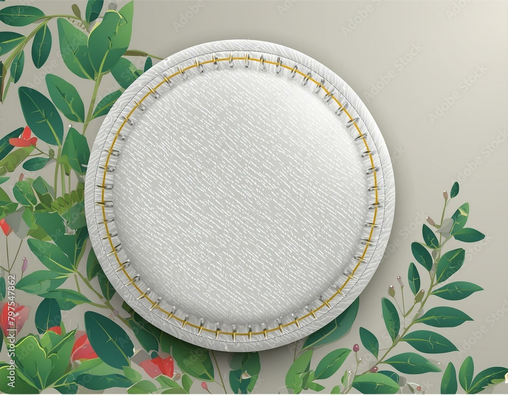 Blank white round embroidered patch mockup, top view, 3d. Empty cloth attachment for sing icon ...