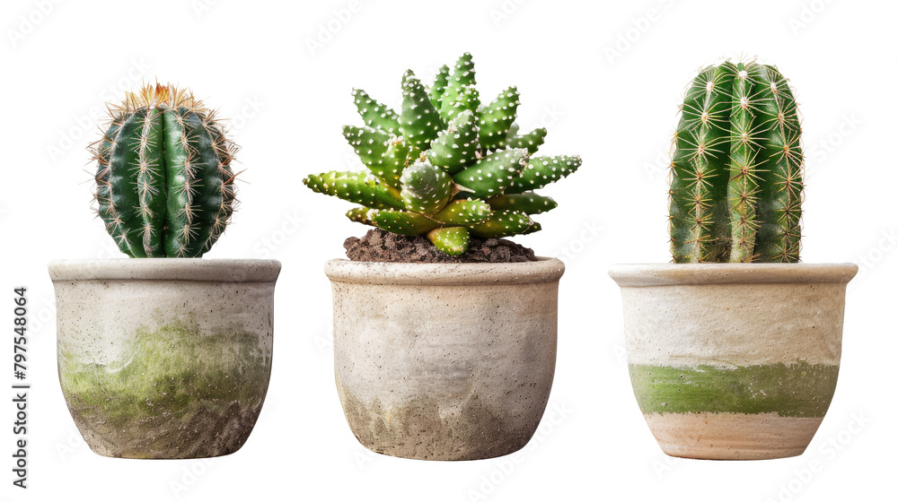 Set of 3 mini cactus on pot isolated on white or transparent background ...