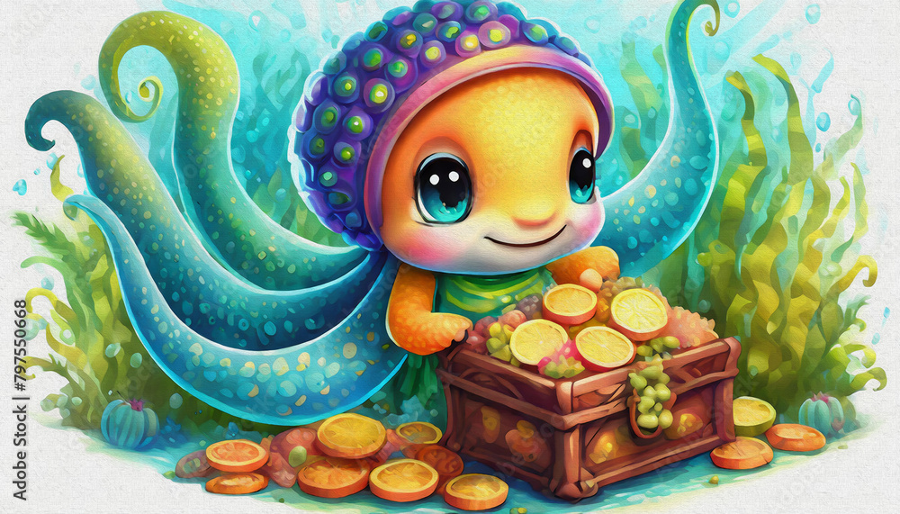 CARTOON CHARACTER CUTE baby Octopus at the bottom of the sea guards a ...