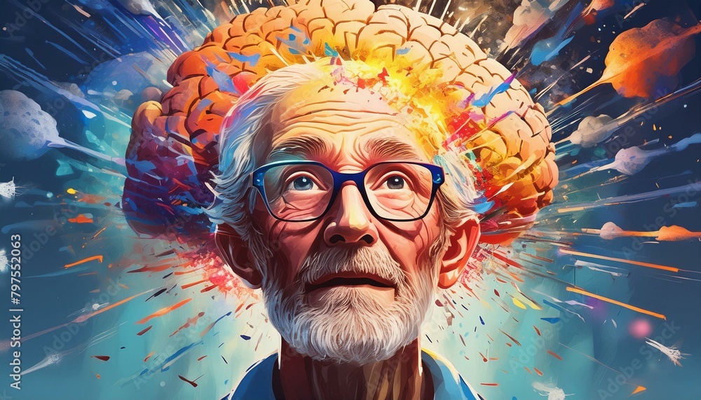 Concept art of a human brain exploding with knowledge and creativity ...
