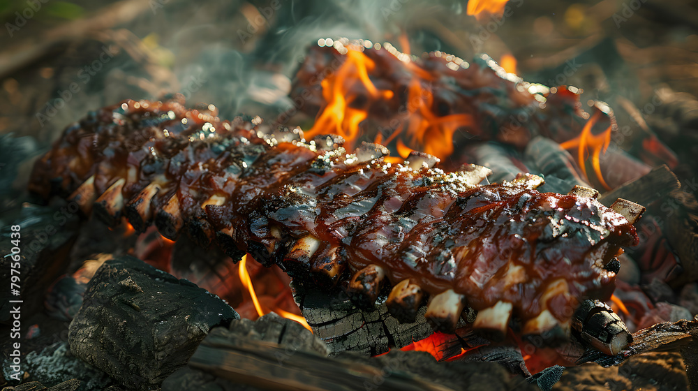 an outdoor photograph of a tasty delightful cow ribs on spit ground ...