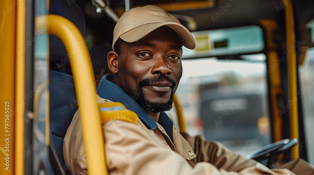 black male bus driver wearing tan uniform with yellow collar and dark ...