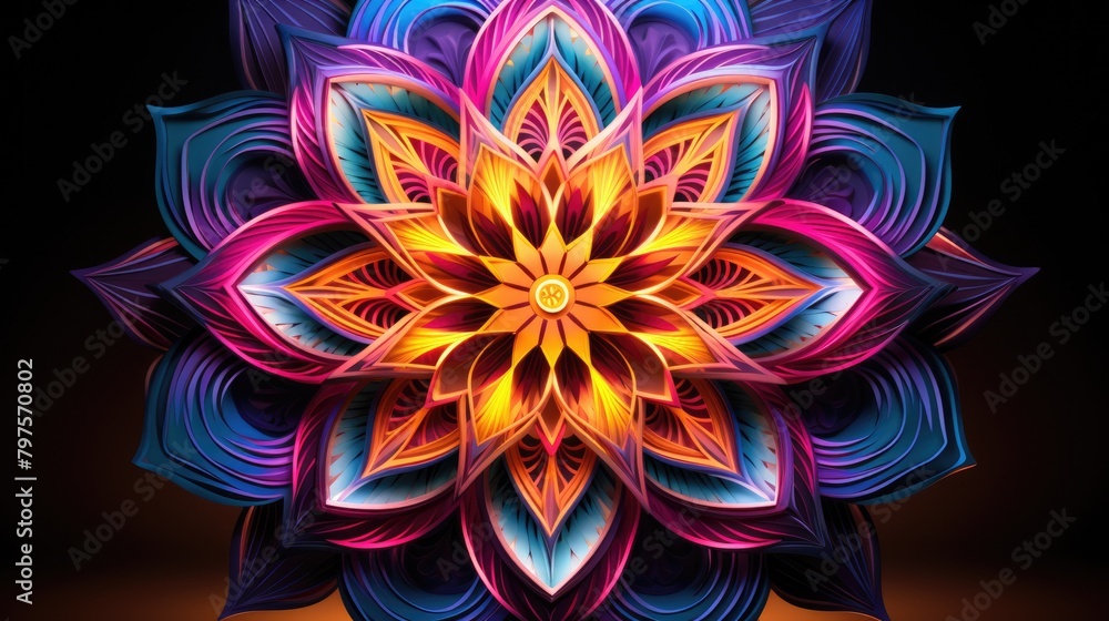 An intricate and mind-bending mandala composed of vibrant colors and ...