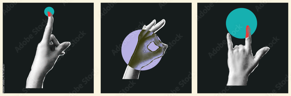 Hand halftone poster on black background. Different gesture in pop y2k ...