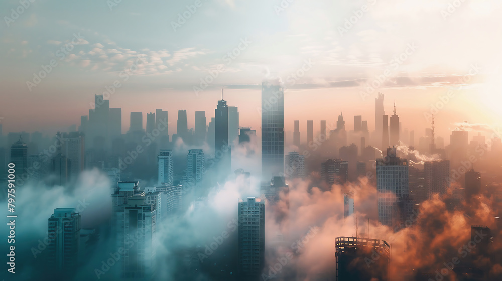 double exposure image showing a city skyline blended with smoggy air ...