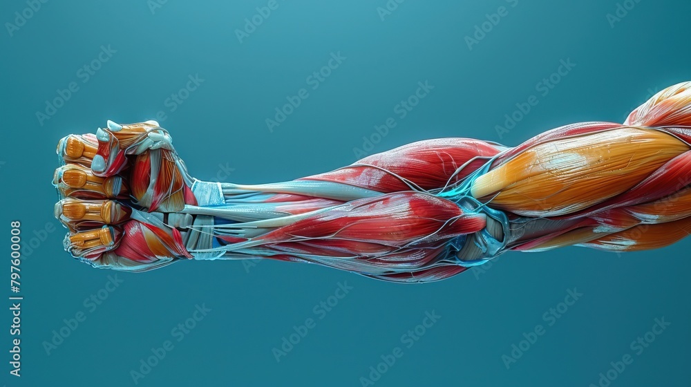 Anatomic illustration of the human arm showing muscles, tendons, and ...