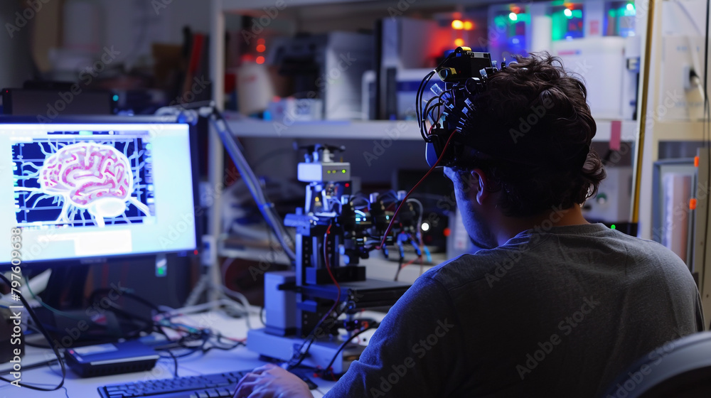 In a neuroscience lab, researchers map the neural pathways of the brain ...