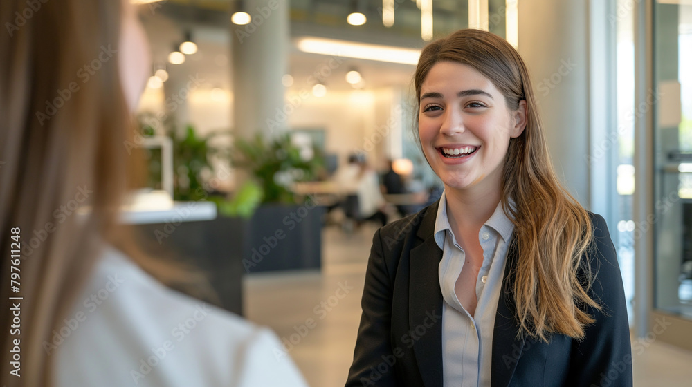 Standing in the welcoming lobby of a modern office, a young female HR ...