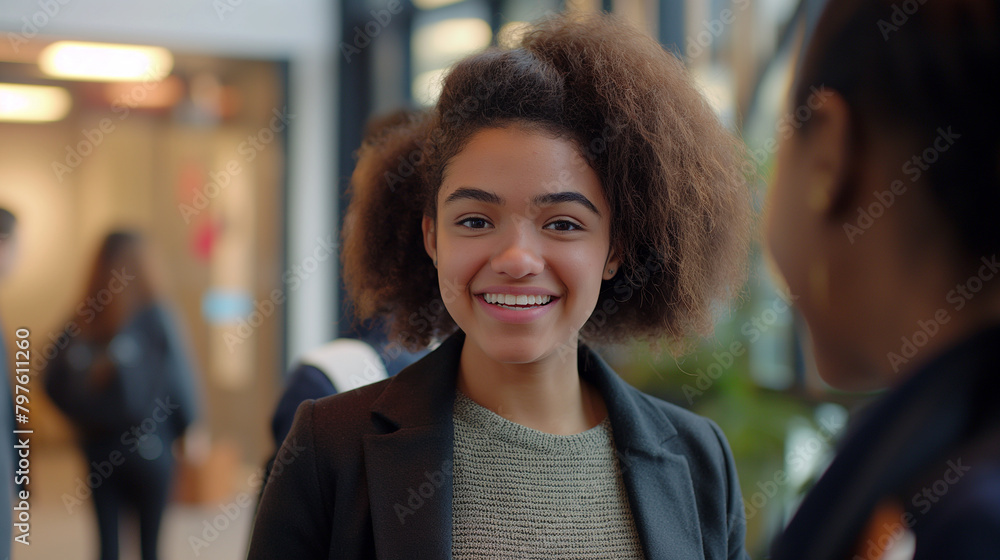Standing in the welcoming lobby of a modern office, a young female HR ...