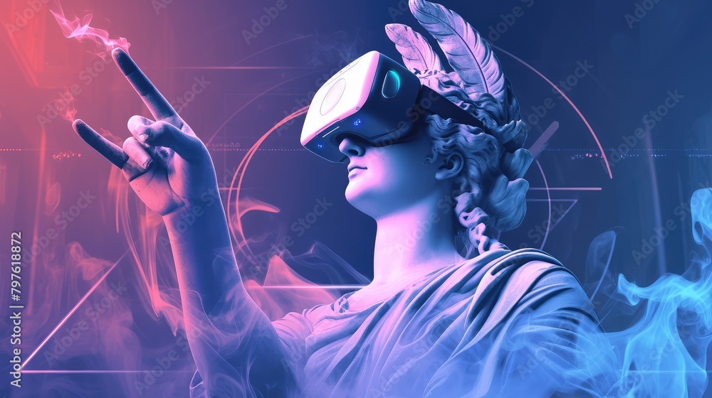 ancient Greek statue of the goddess of love in virtual reality glasses ...