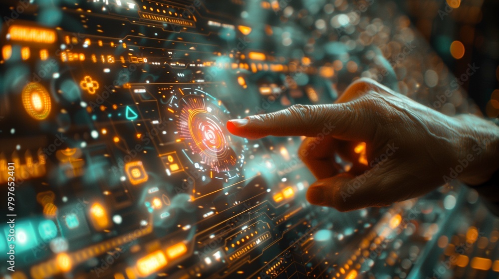 a finger pointing at a futuristic transparent screen, resembling a ...