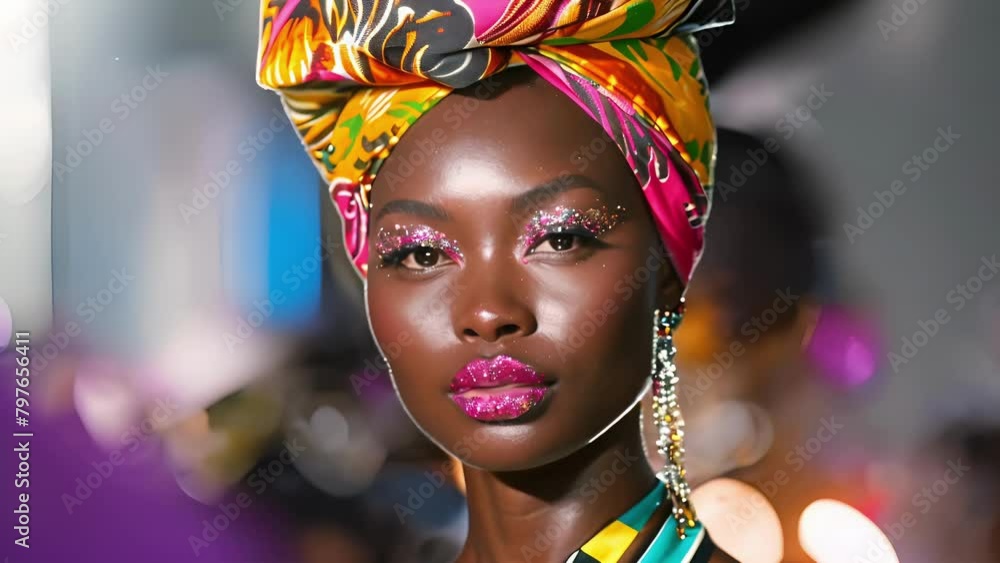 A stunning black woman commanding the runway in a bold and colorful ...