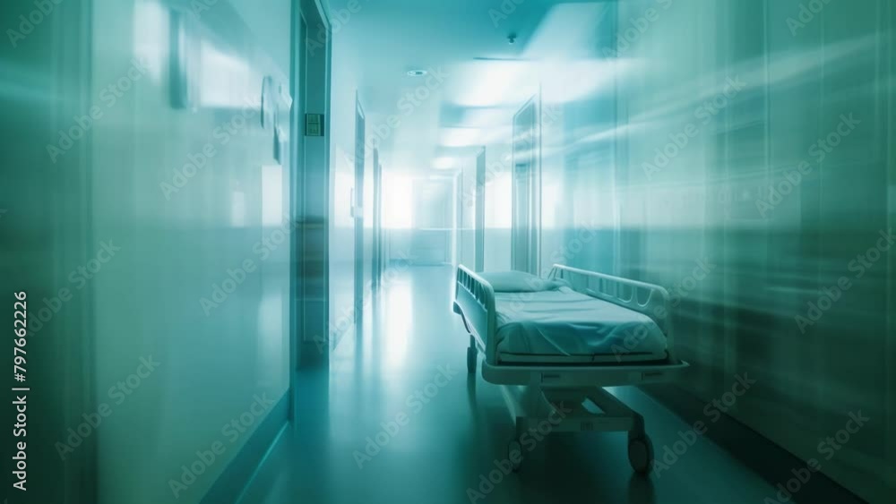 An abstract blurred glimpse of a solitary hospital bed in a dimly lit ...