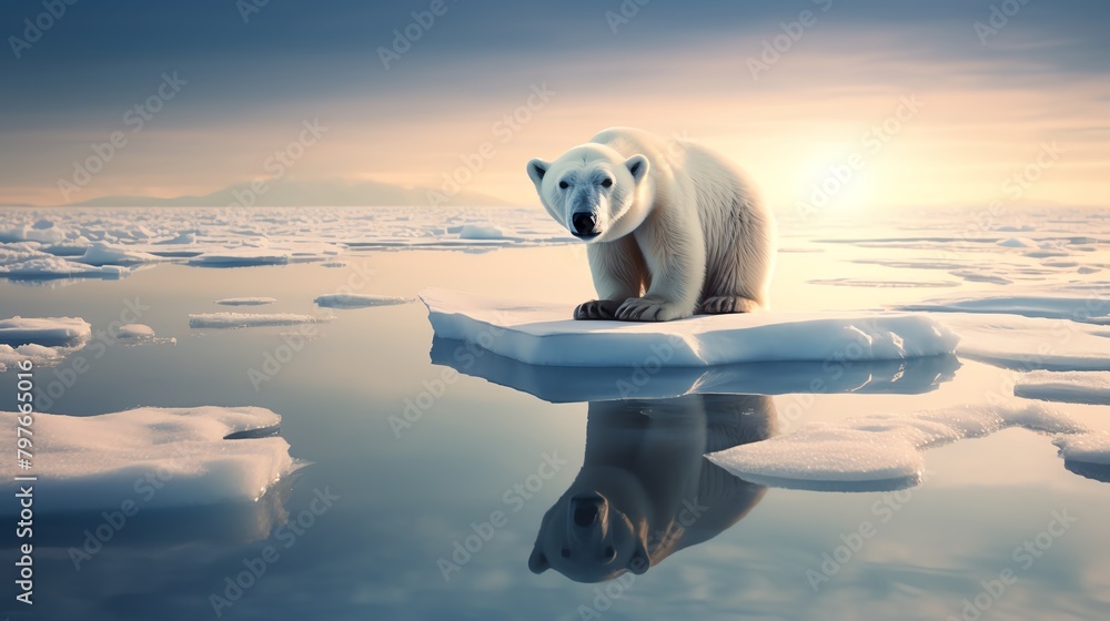 Polar bear on a shrinking ice cap, surrounded by melting ice and frigid ...