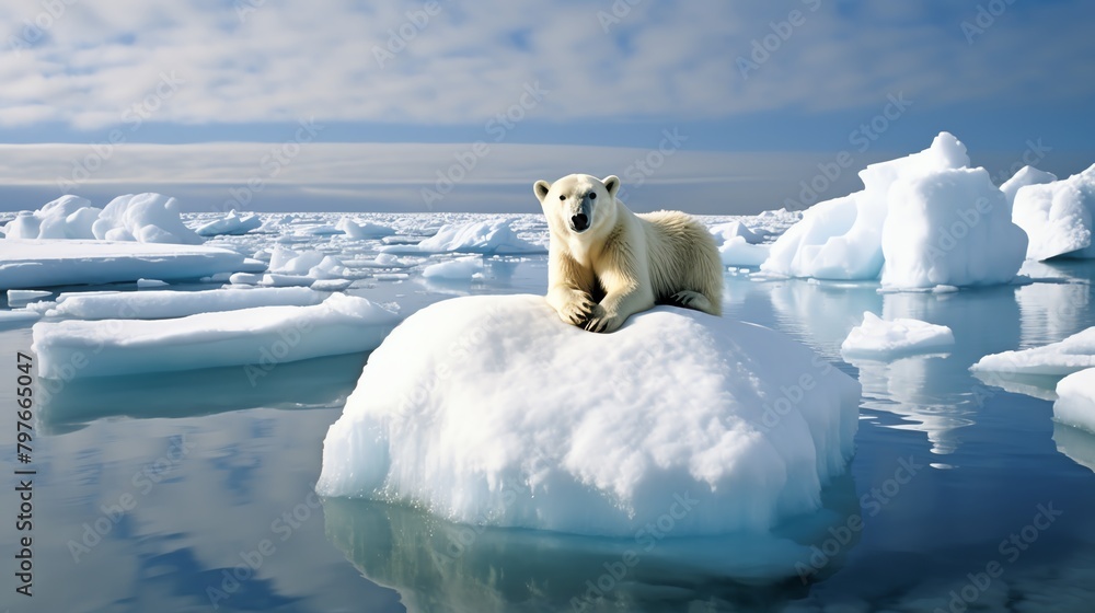 Polar bear on a shrinking ice cap, surrounded by melting ice and frigid ...
