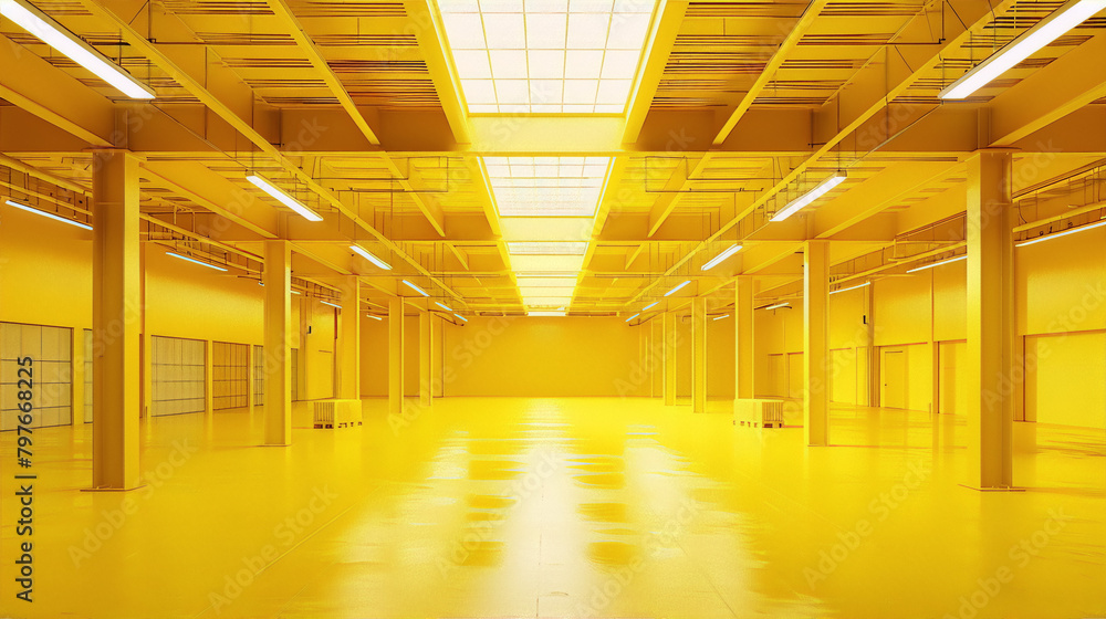 Bright yellow interior space with concrete columns and large skylights ...