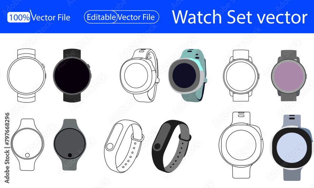 Smart Watch wrist vector outline set icon. Isolated outline set icon ...