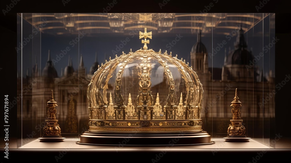 Dynamic isometric 3D scene of a crown encased in glass within a museum ...
