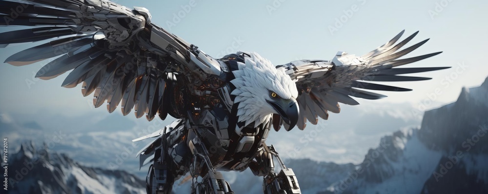 A detailed 3D model of a futuristic robot resembling a majestic eagle ...