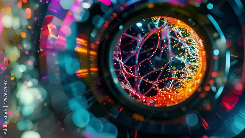 Closeup of a microscope lens revealing a magnified view of a single ...