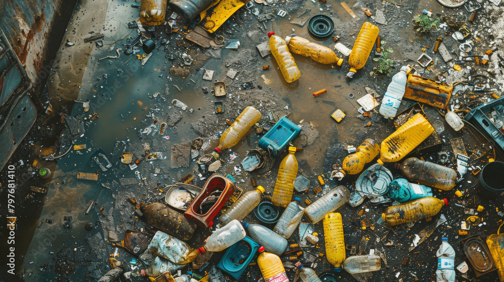 Polluted water with plastic bottles, trash, and waste materials ...